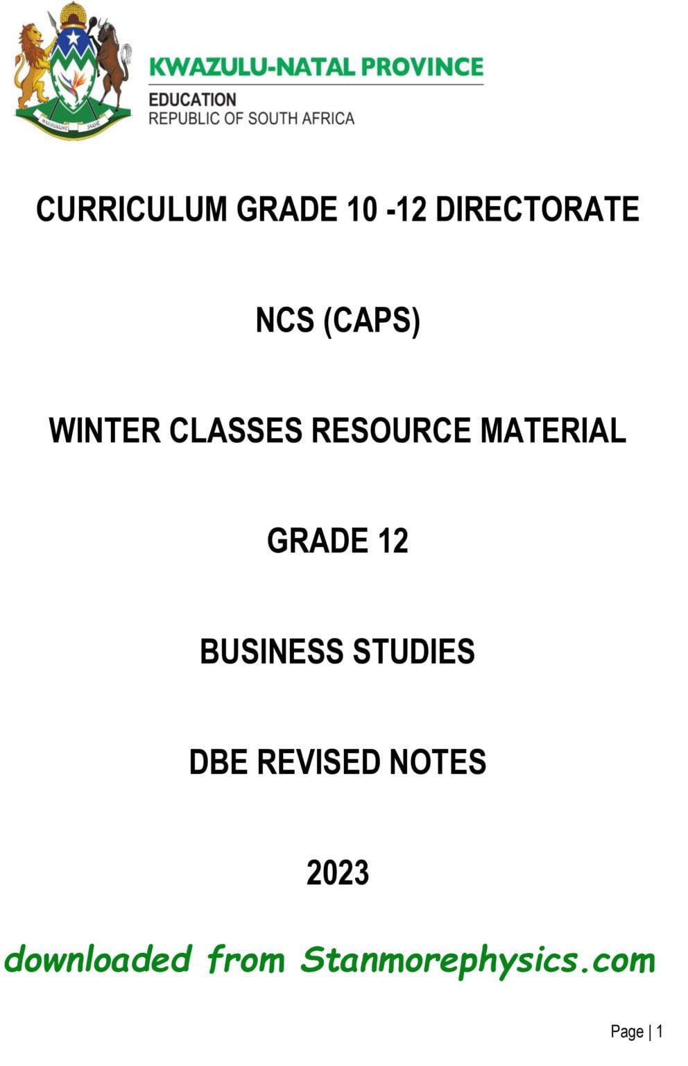 Business Studies study Notes for grade 12